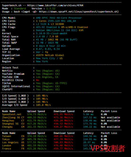 AcckCloud美国洛杉矶4837 VPS服务器测试记录，三网速度、延迟和流媒体解锁情况 | VPS收割者